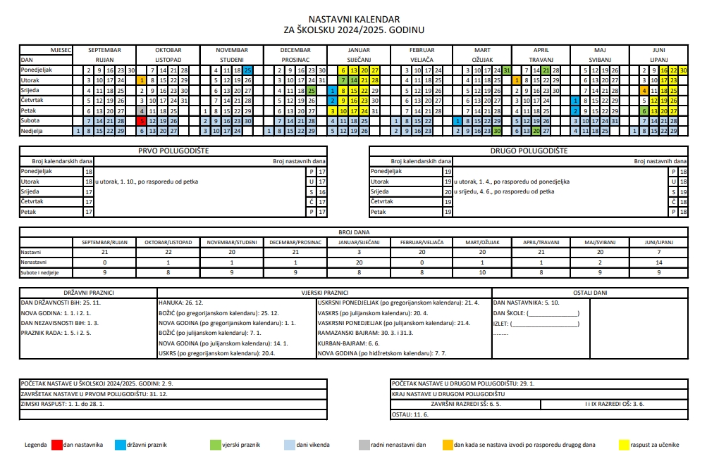 Školski kalendar za školsku 2024/2025. godinu – www.ssskskola.edu.ba